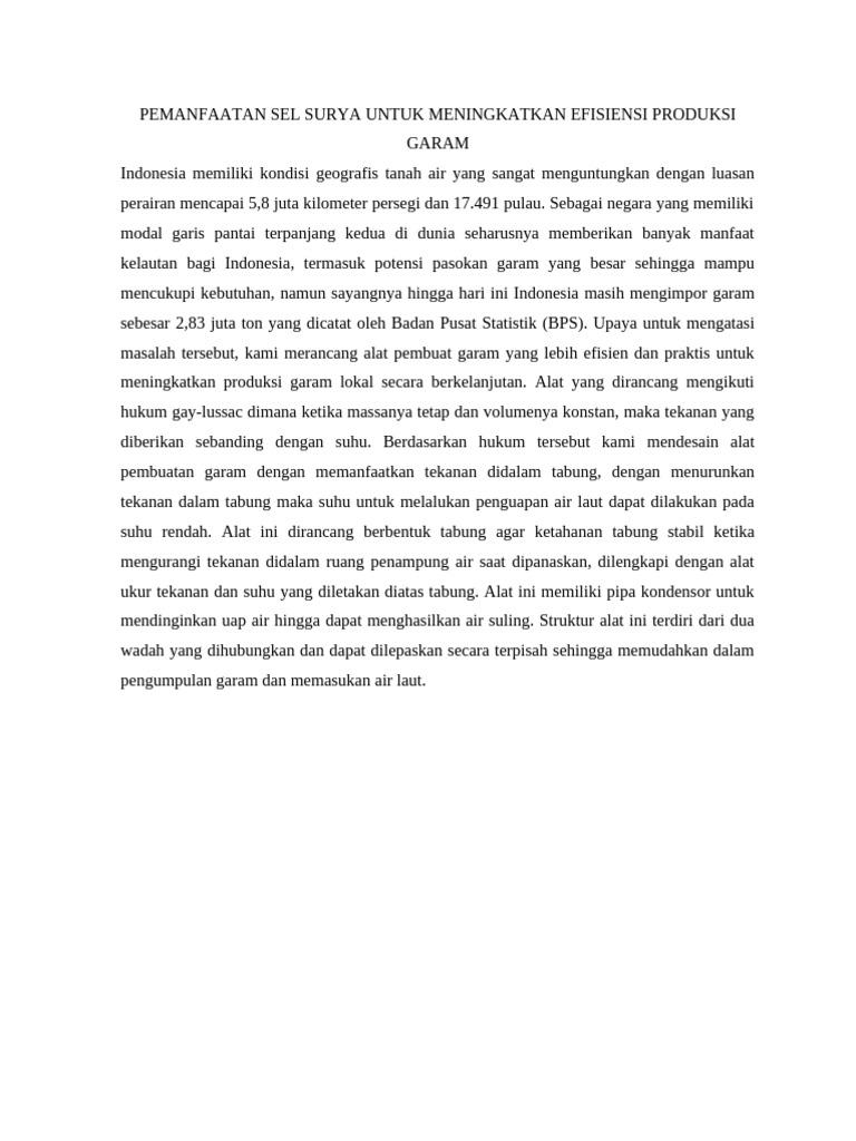 Pemanfaatan Sel Surya Untuk Meningkatkan Efisiensi Produksi Garam | PDF