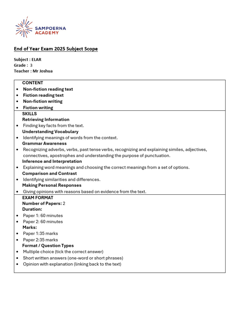 EOY Exam Scope | PDF