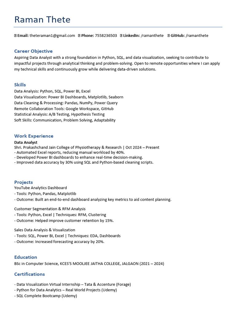 Raman Thete Data Analyst Resume 2025 | PDF