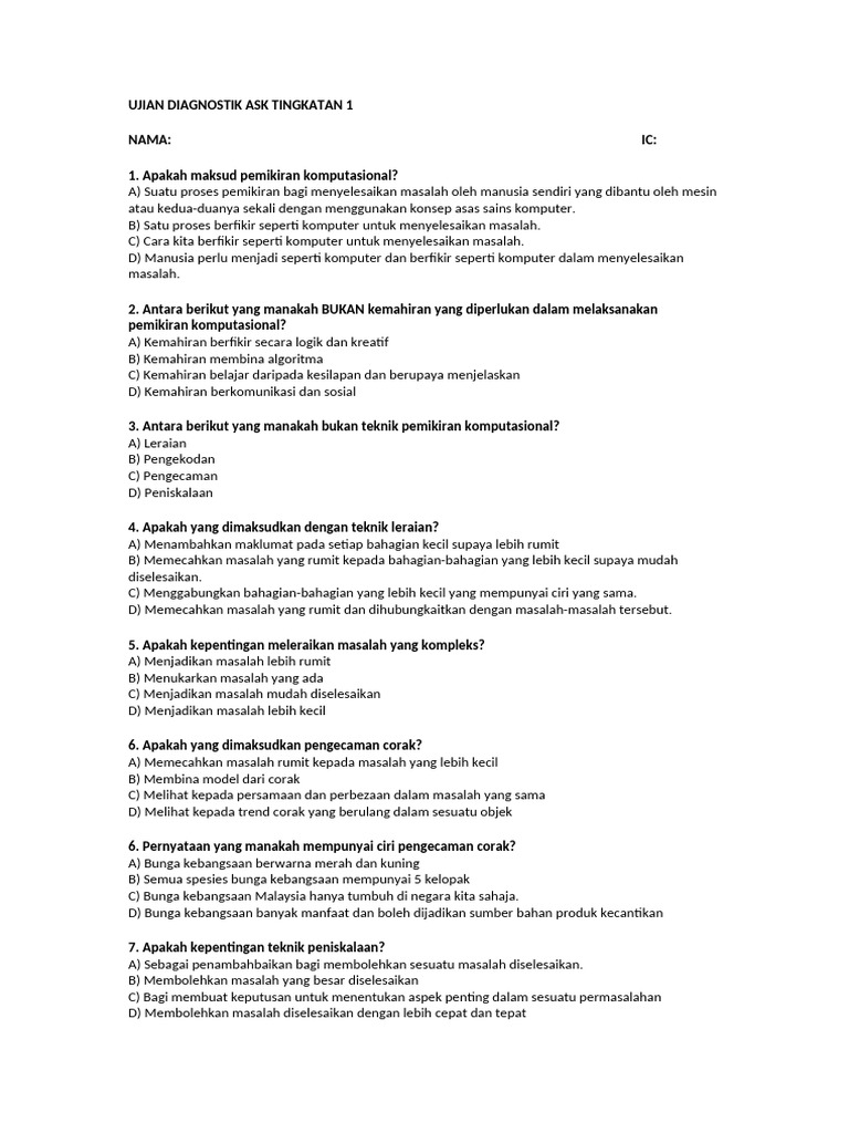 UJIAN DIAGNOSTIK ASK TINGKATAN 1 | PDF