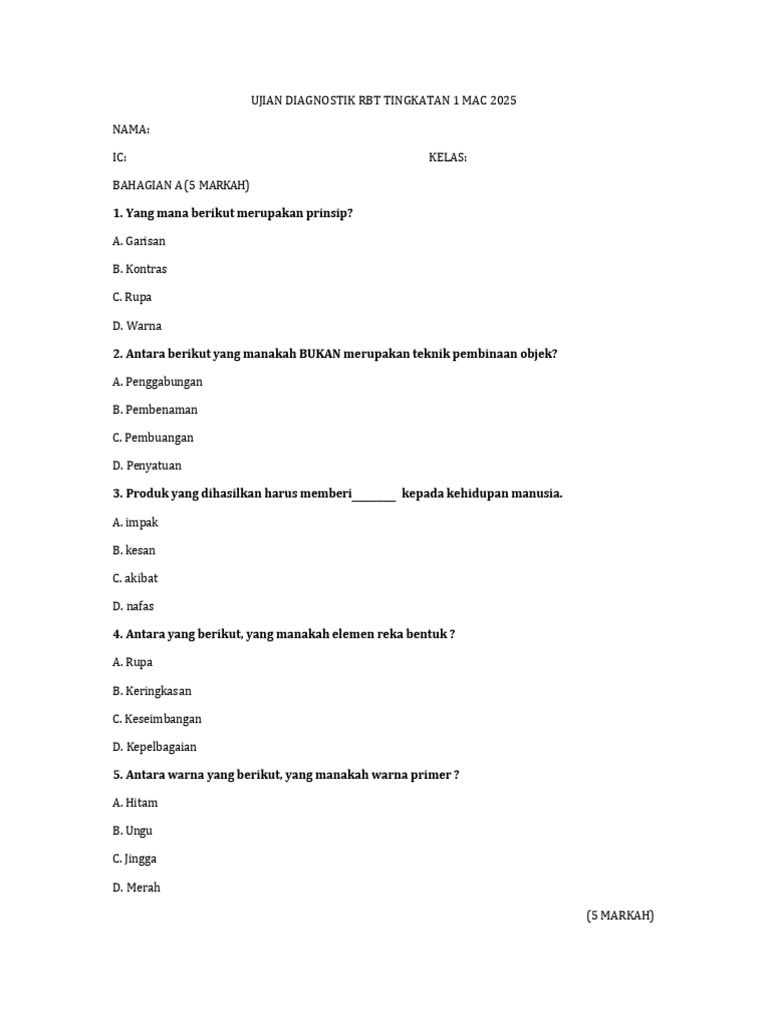Ujian Diagnostik RBT Tingkatan 1 Mac 2025 1 | PDF