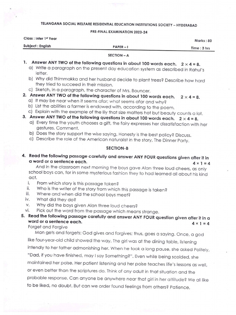 English I Year Pre Final Question Paper | PDF