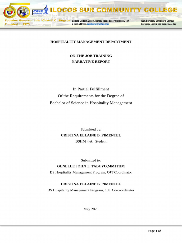 OJT Narrative Report in Hospitality Management | PDF