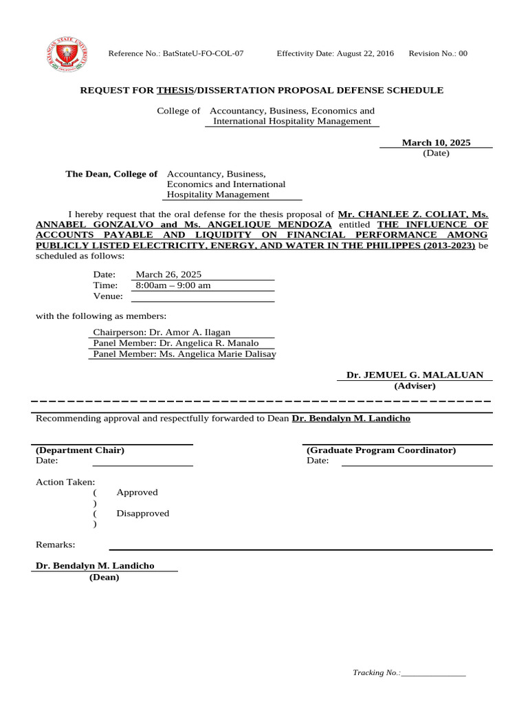 BatStateU FO COL 07 - Request For Thesis Proposal Defense Schedule 1 | PDF