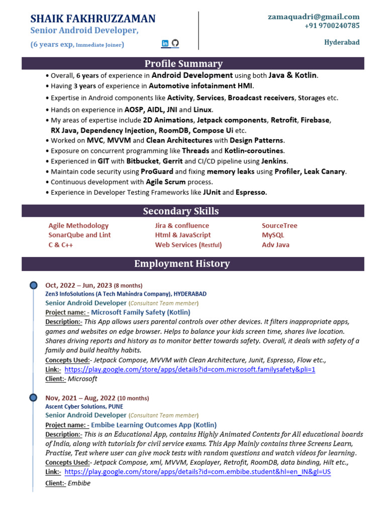 Resume Shaik Fakhruzzaman-1 | PDF | Android (Operating System) | Mobile App