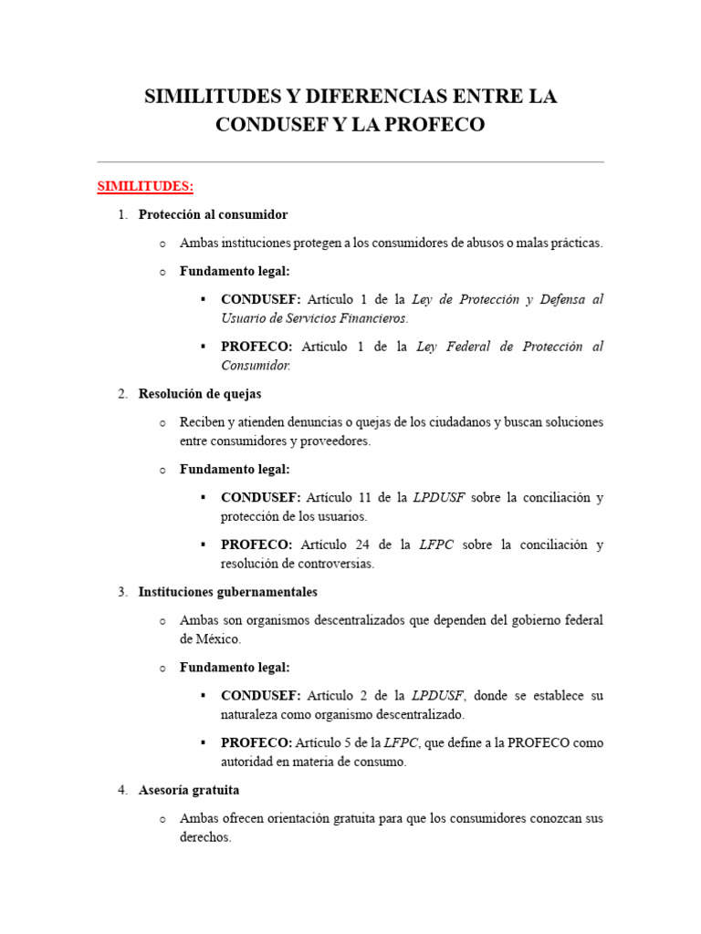Diferencias entre CONDUSEF y PROFECO | PDF | Los consumidores ...