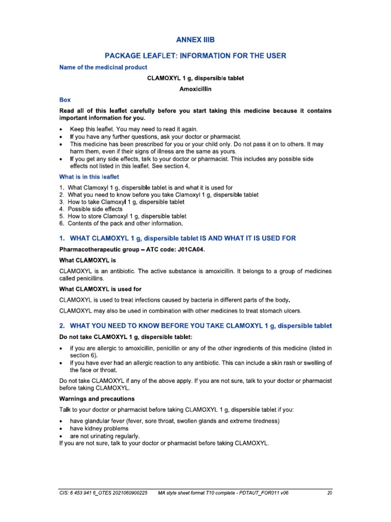 Clamoxyl 1g Amoxicillin 1g Dispersible Tablets PIL | PDF