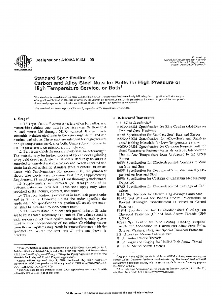 Astm A194 A194m-09 | PDF