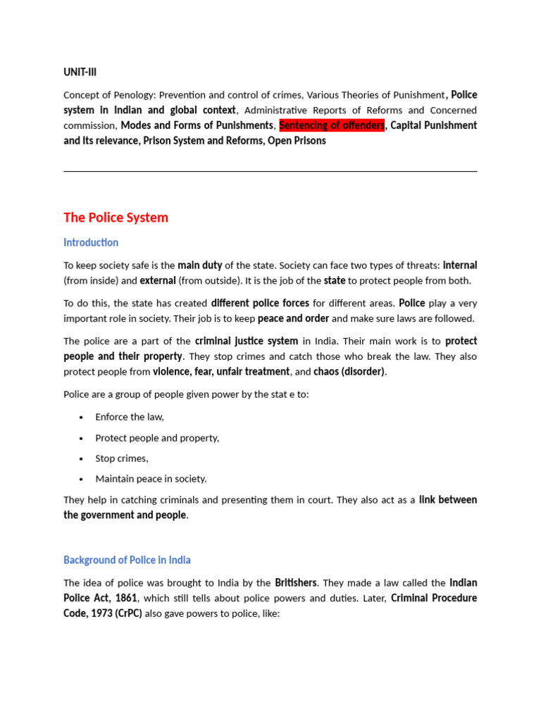 Overview of India's Police System and Reforms | PDF | Punishments | Prison