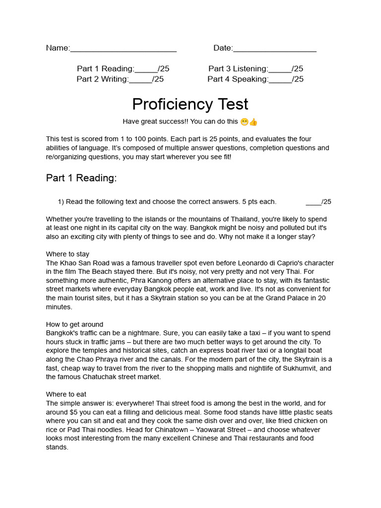 Proficiency Test For A1 ESL Students | PDF