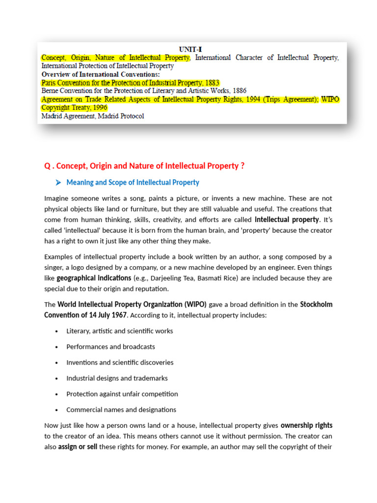 Concept, Origin and Nature of Intellectual Property, Paris Convention ...