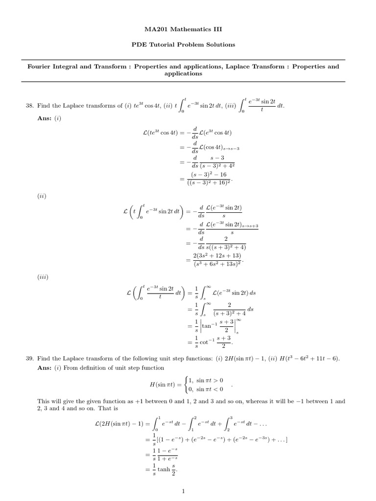 Tutorial7-Solution-PDE_MA201_AY2024-25 | PDF | Laplace Transform | Equations