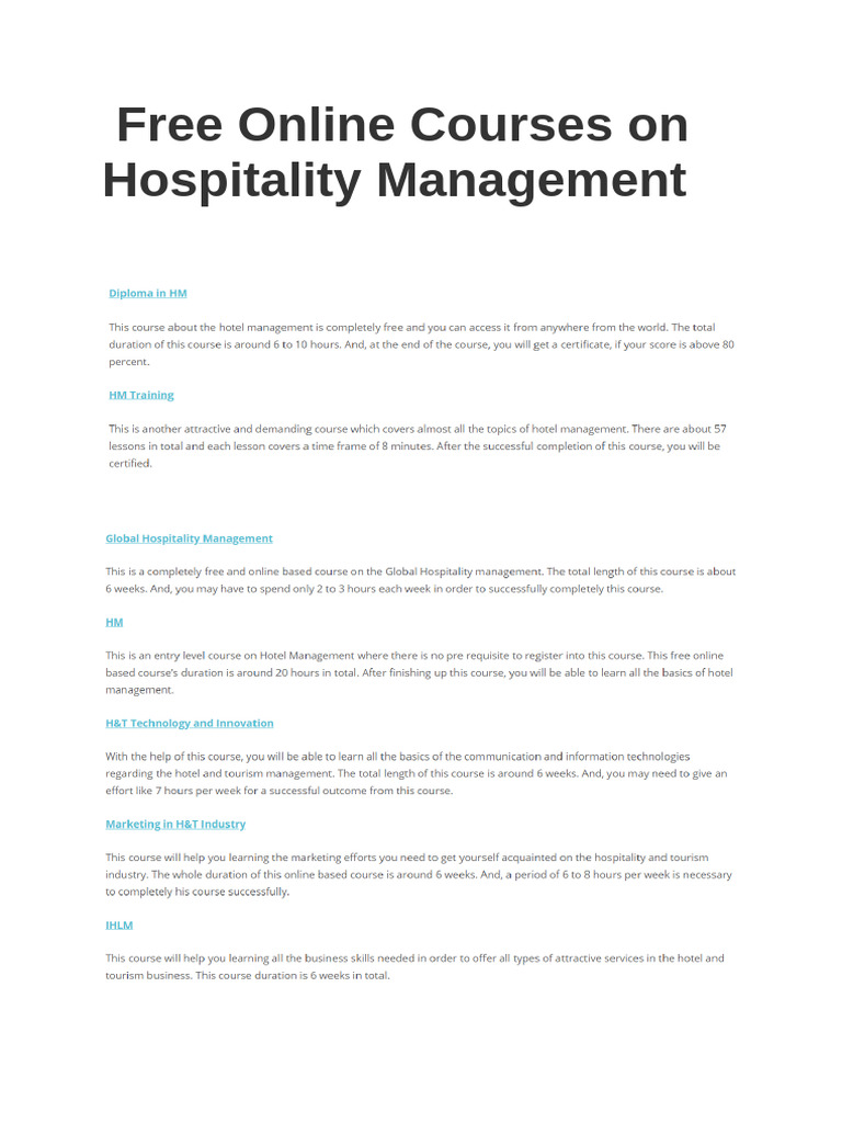 Free Online Hospitality Management Courses | PDF