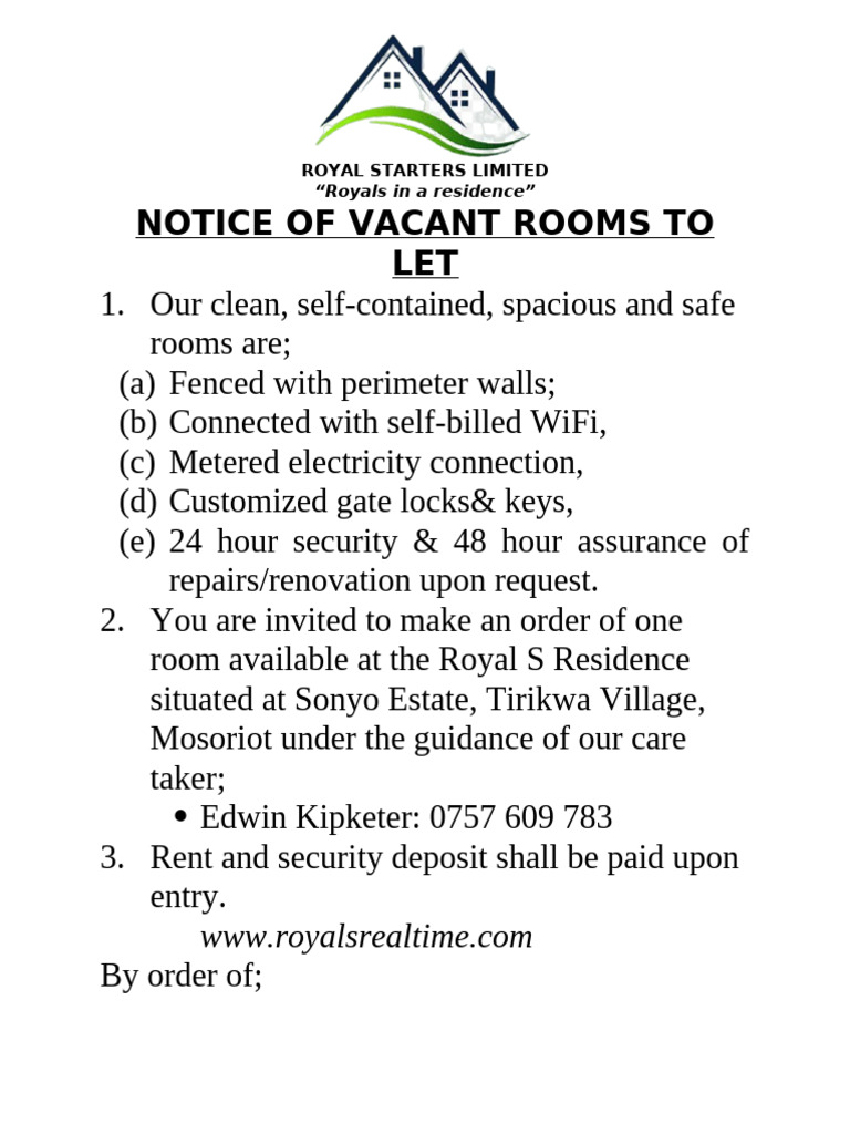 Notice of Vacant Rooms To Let - 080152 | PDF