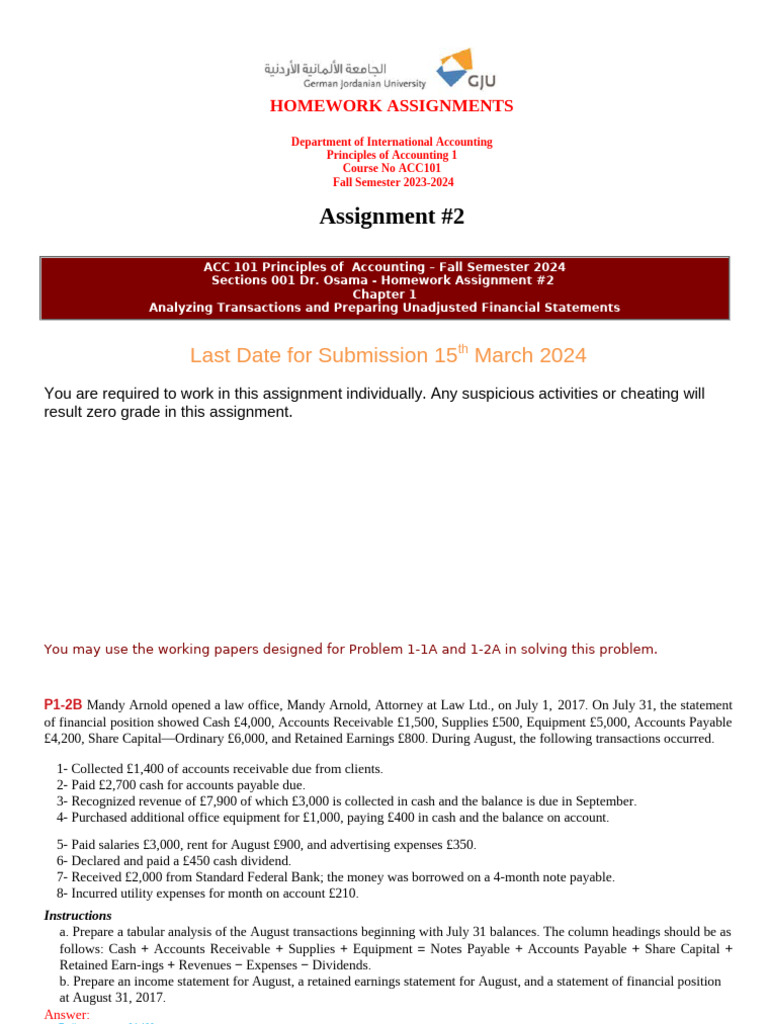 Ch 1 Assignment # 2 | PDF | Expense | Retained Earnings