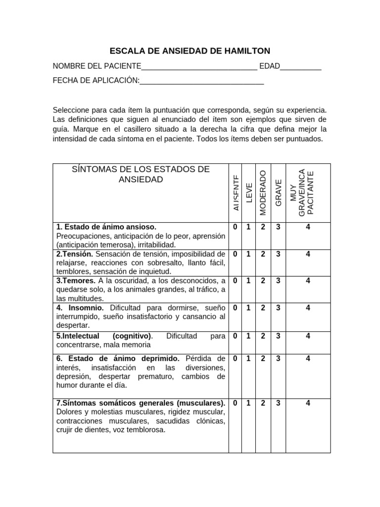 Escala de Ansiedad de Hamilton | PDF | Ansiedad | Depresión (estado de ...