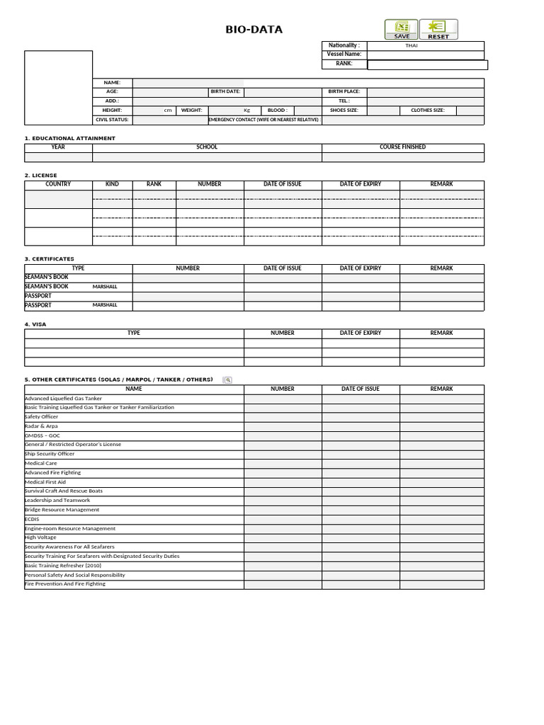 BIO DATA form(1) | PDF | Ships | Water Transport