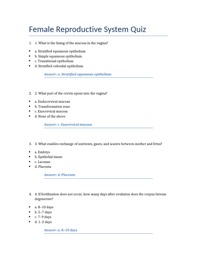 Female Reproductive System Quiz | PDF