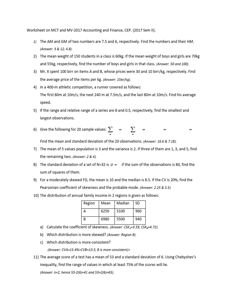 Worksheet On MCT and MV | PDF | Mean | Skewness