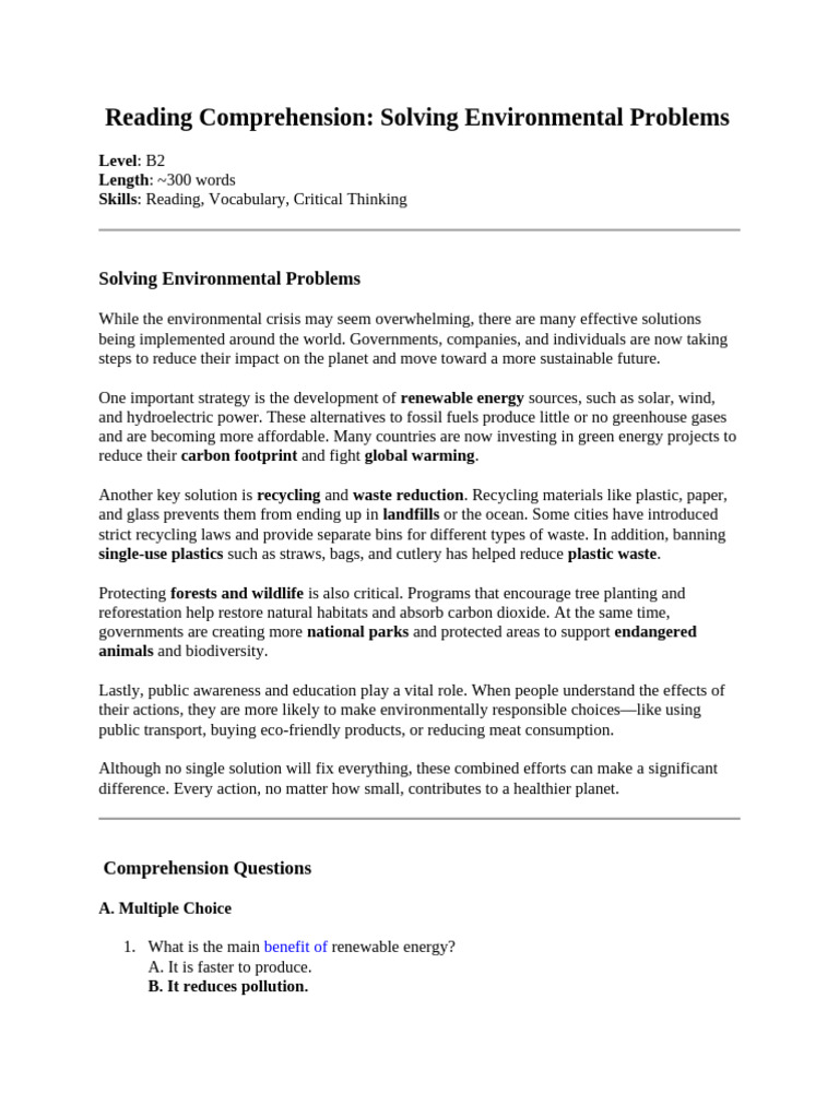 Reading Comprehension 2- Solving Environmental Problems | PDF ...