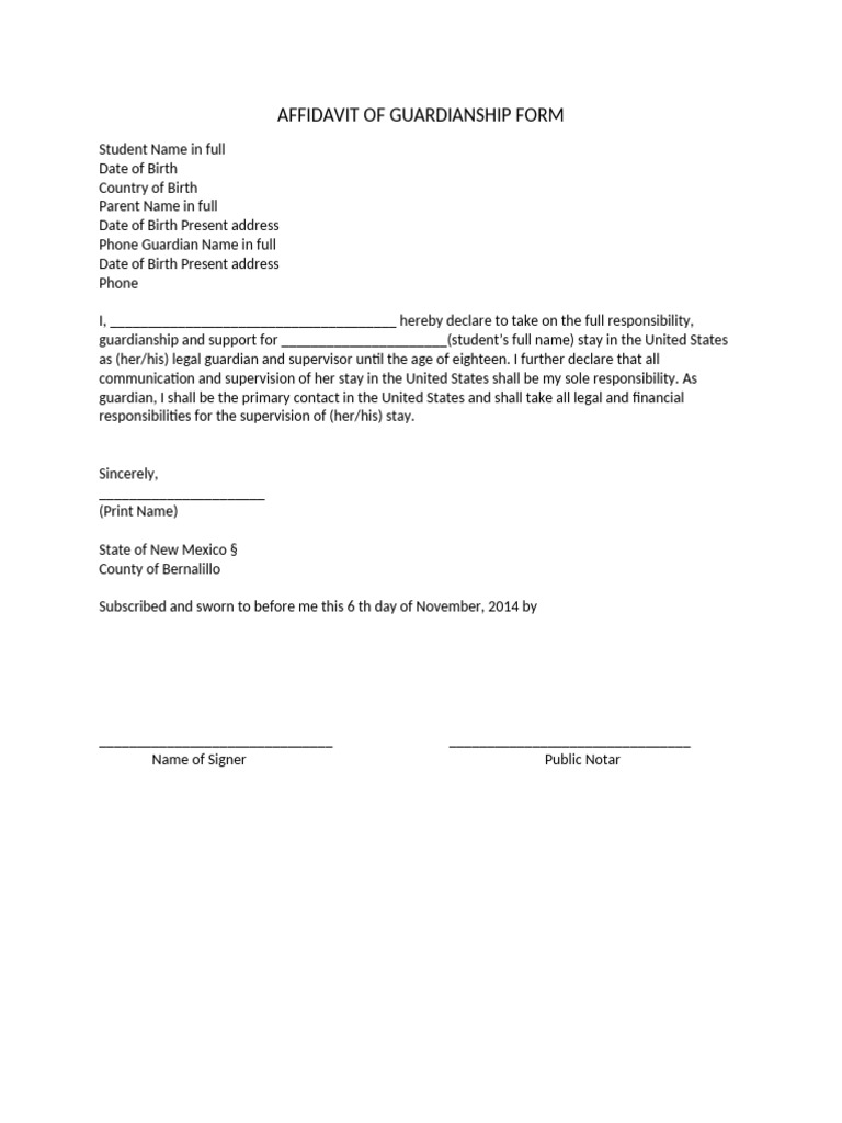 Affidavit of Guardianship Form | PDF