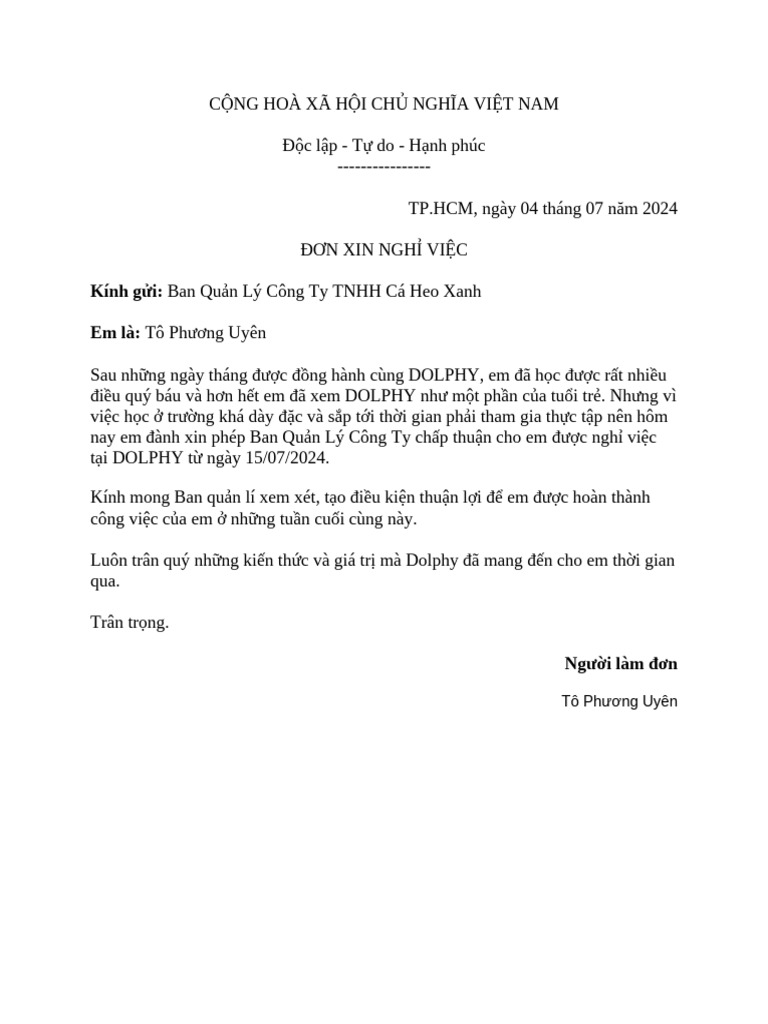 Don Xin Nghi Viec-To Phuong Uyen | PDF