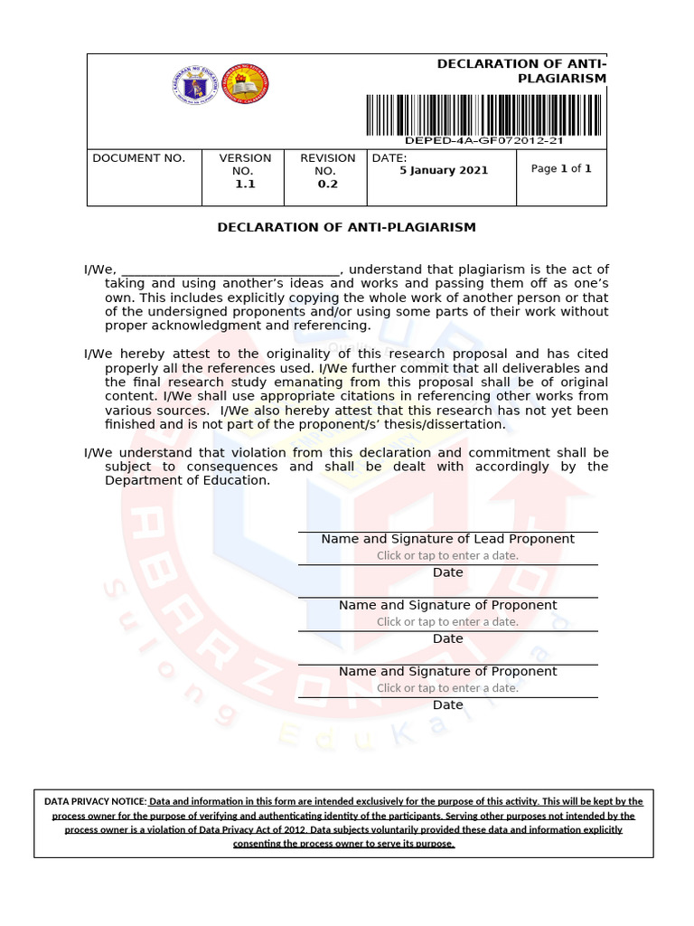 Declaration of Anti Plagiarism 1 | PDF | Plagiarism | Thesis