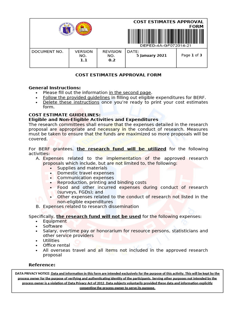Cost Estimates Approval Form Guide | PDF | Expense