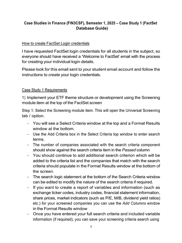 FIN3CSF Case Study 1 - Sem1, 2025 FactSet assistance guidelines | PDF | Exchange Traded Fund ...