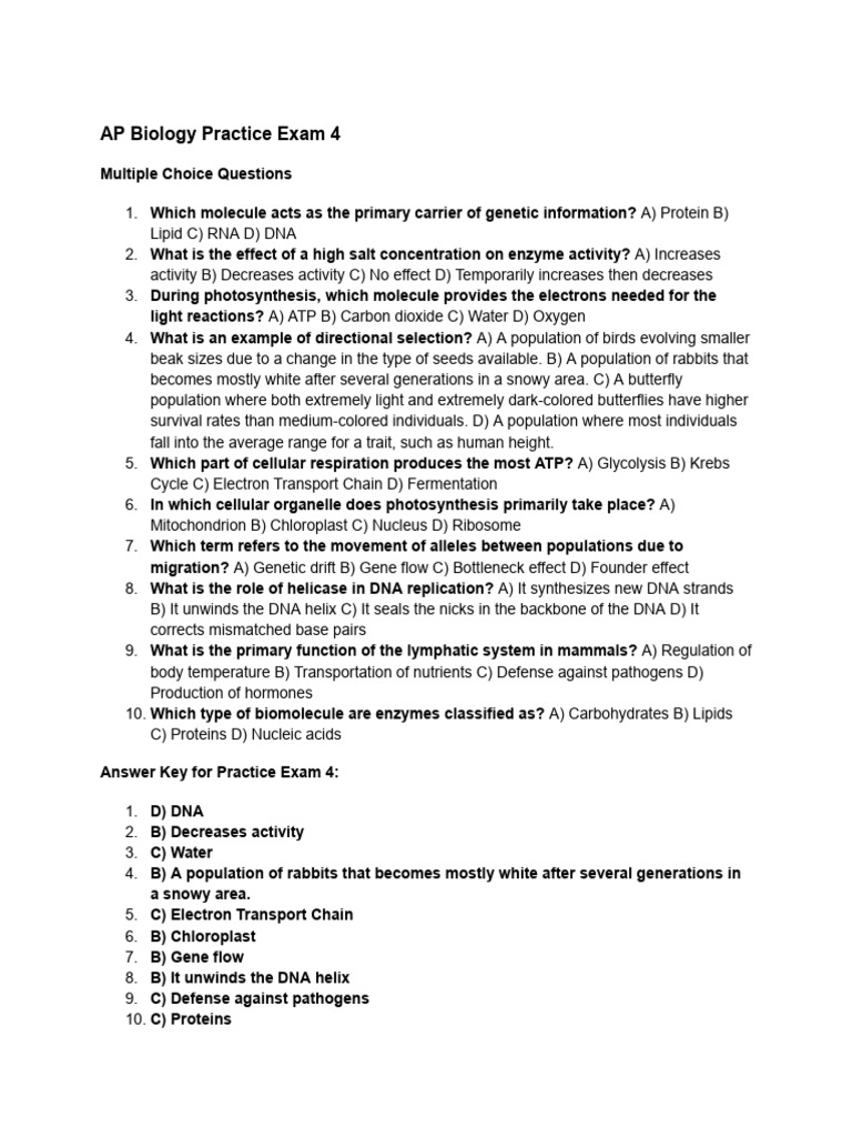 AP Biology Practice Exam 4 | PDF