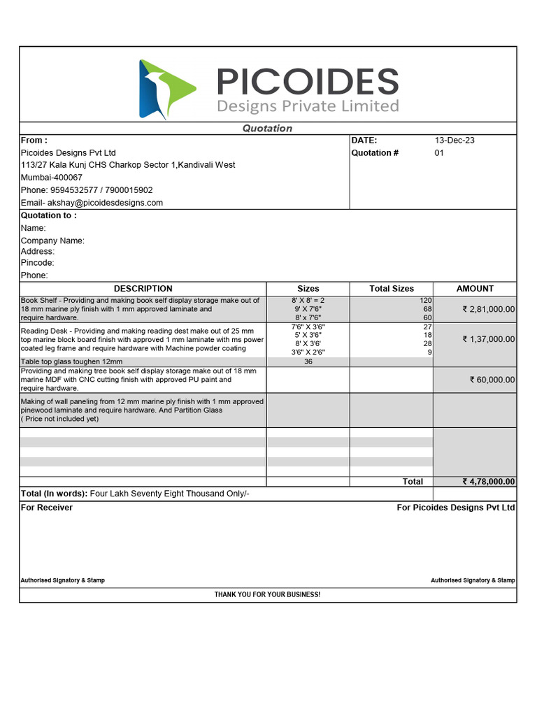 Quotation - Library Interior Work | PDF | Materials | Building Engineering