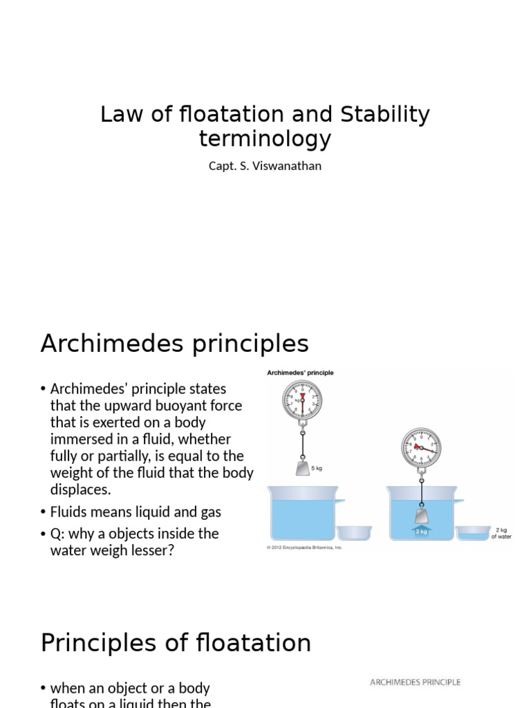 1. Law of Floatation, Stability Terminology | PDF | Buoyancy | Physical Quantities