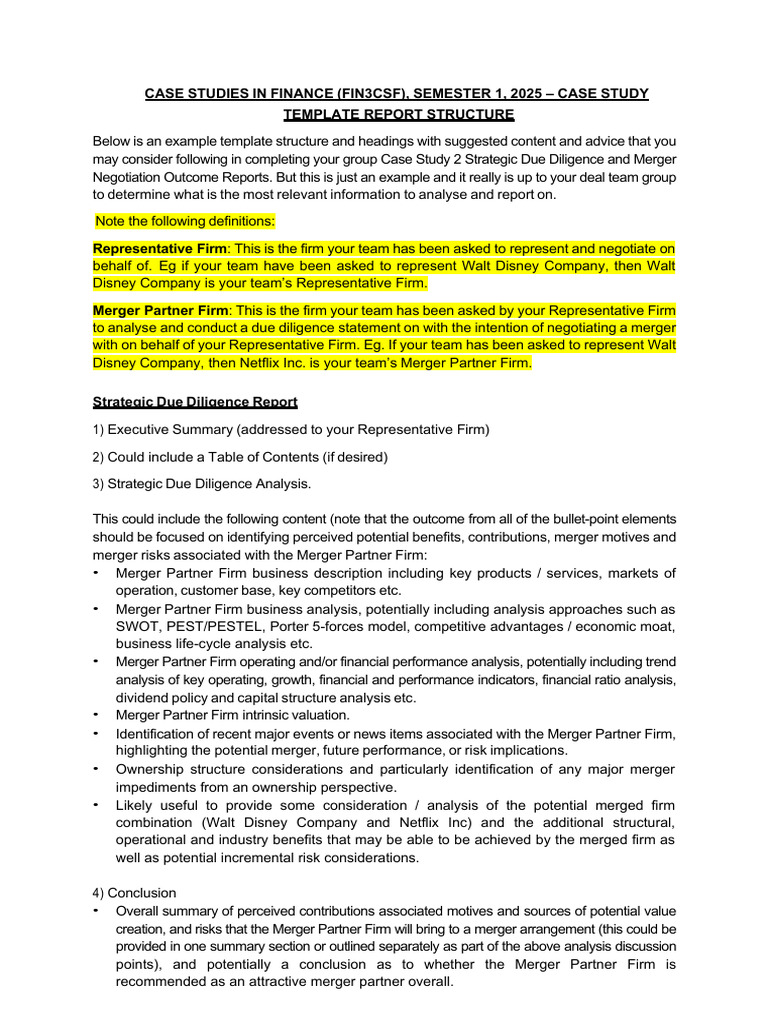 FIN3CSF Sem1, 2025 - Case Study 2 Template Report Structure | PDF | Mergers And Acquisitions ...