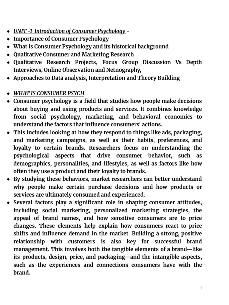 Unit 1 Consumer Psychology | PDF | Consumer Behaviour | Psychology