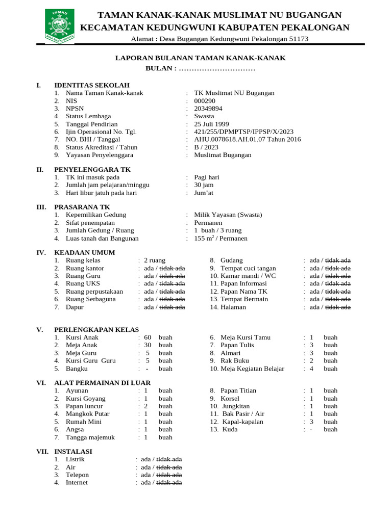 Laporan Bulanan TKM NU Bugangan 2025 | PDF