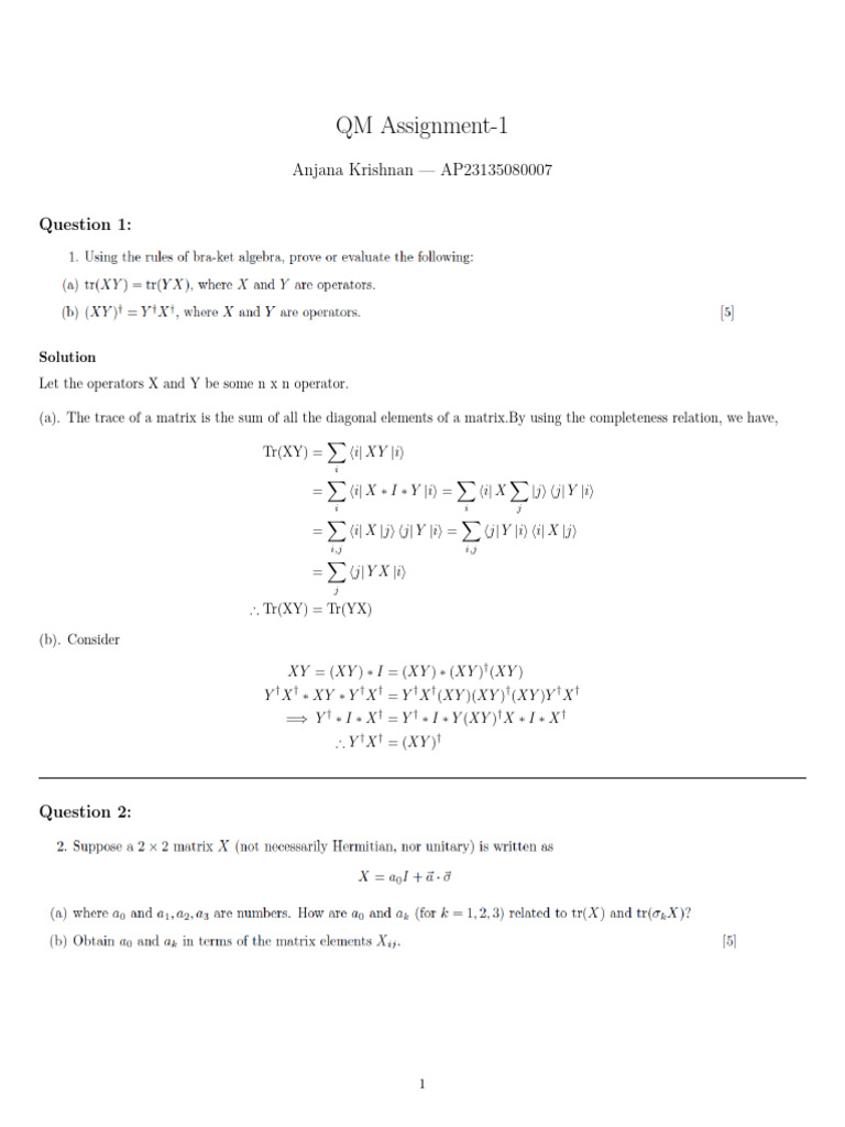 QM Assignment 1 | PDF | Matrix Theory | Linear Algebra
