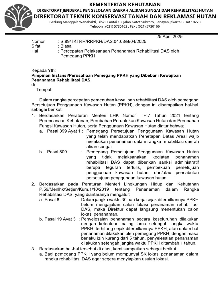 S.89 Surat Percepatan Penanaman Dalam Rangka Rehabilitasi DAS Bagi Pemegang PPKH | PDF