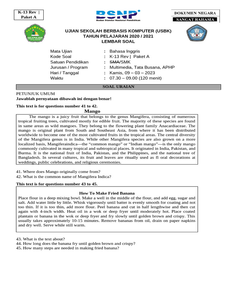 Soal Bhs. Inggris Usp 2023 | PDF | Mango | Banana