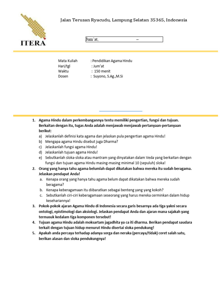 Soal Uts Agama Hindu Itera Genap | PDF