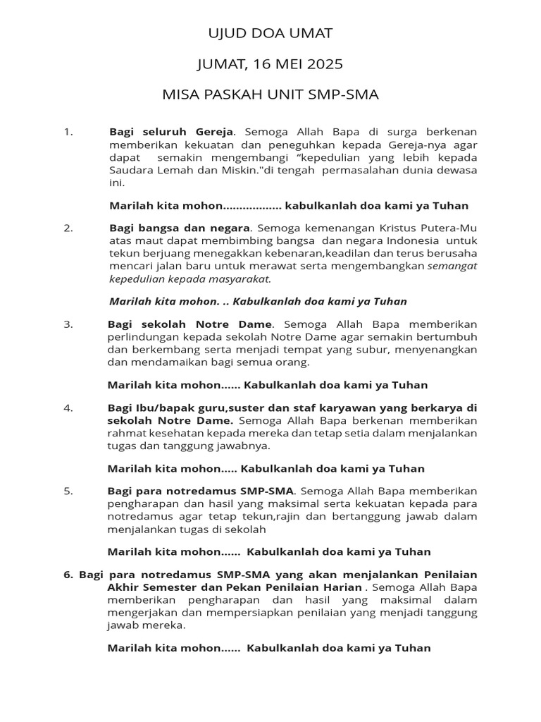 UJUD - DOA - UMAT - MISA - PASKAH - 16 - MEI - 2025 - UNIT - SMP-SMA PDF - Final | PDF