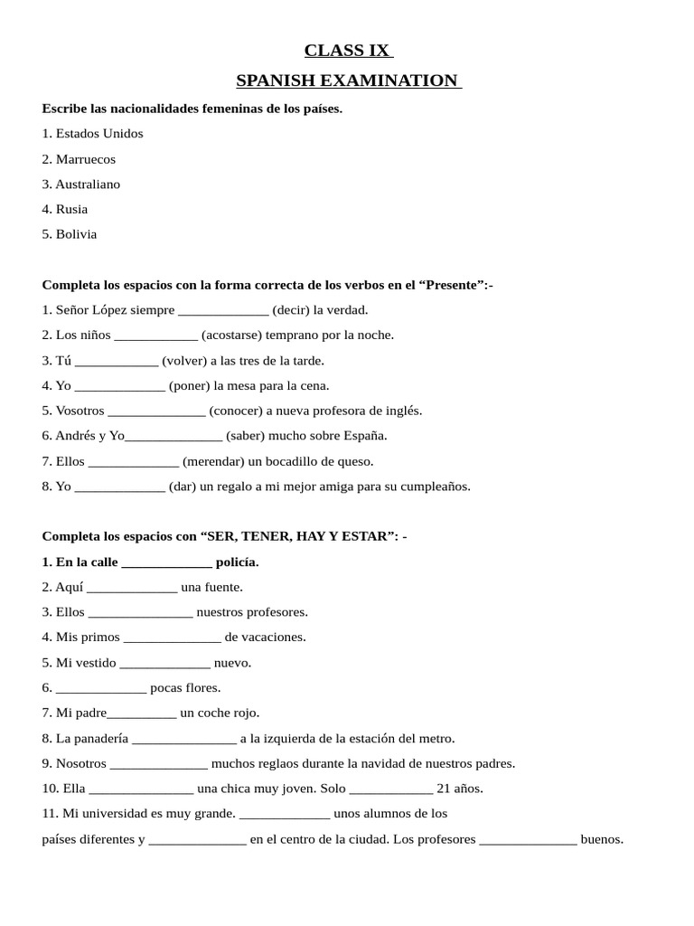 Examen de Español para Noveno Grado | PDF