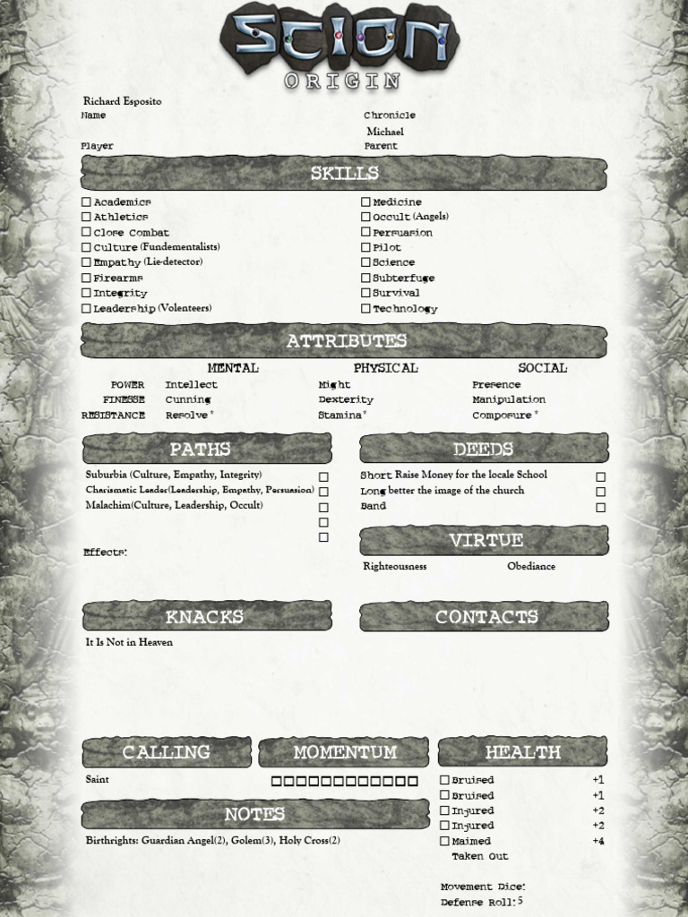 Scion Origin Saint Sheet | PDF | Religious Belief And Doctrine