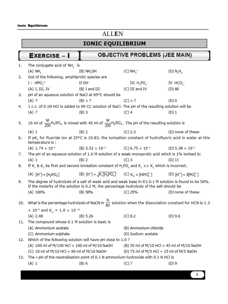 Ionic Equilibrium Exercise | PDF | Ph | Acid Dissociation Constant