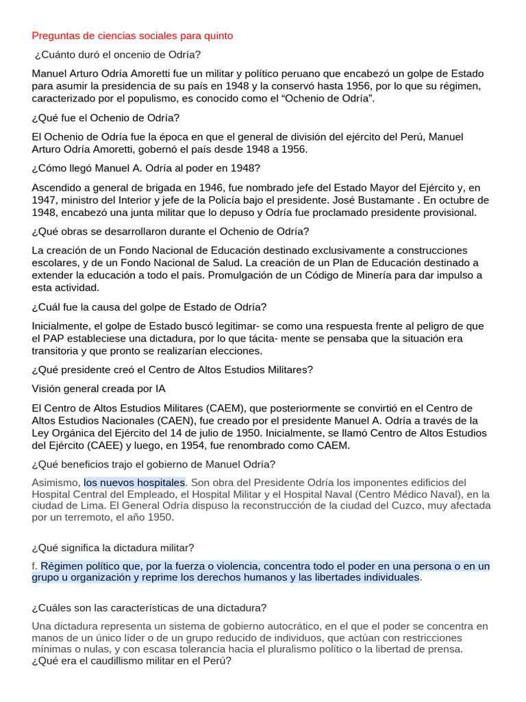 Preguntas de Ciencias Sociales para Quinto | PDF | Perú | Gobierno