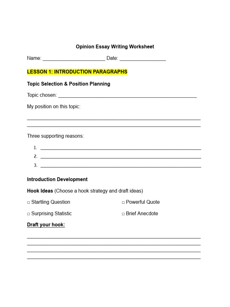 Whole Class - Opinion Essay Worksheet | PDF | Essays | Reason