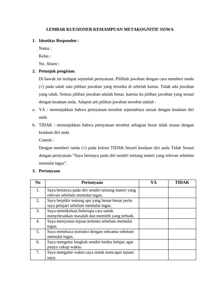 Kuesioner Kemampuan Metakognitif Siswa | PDF