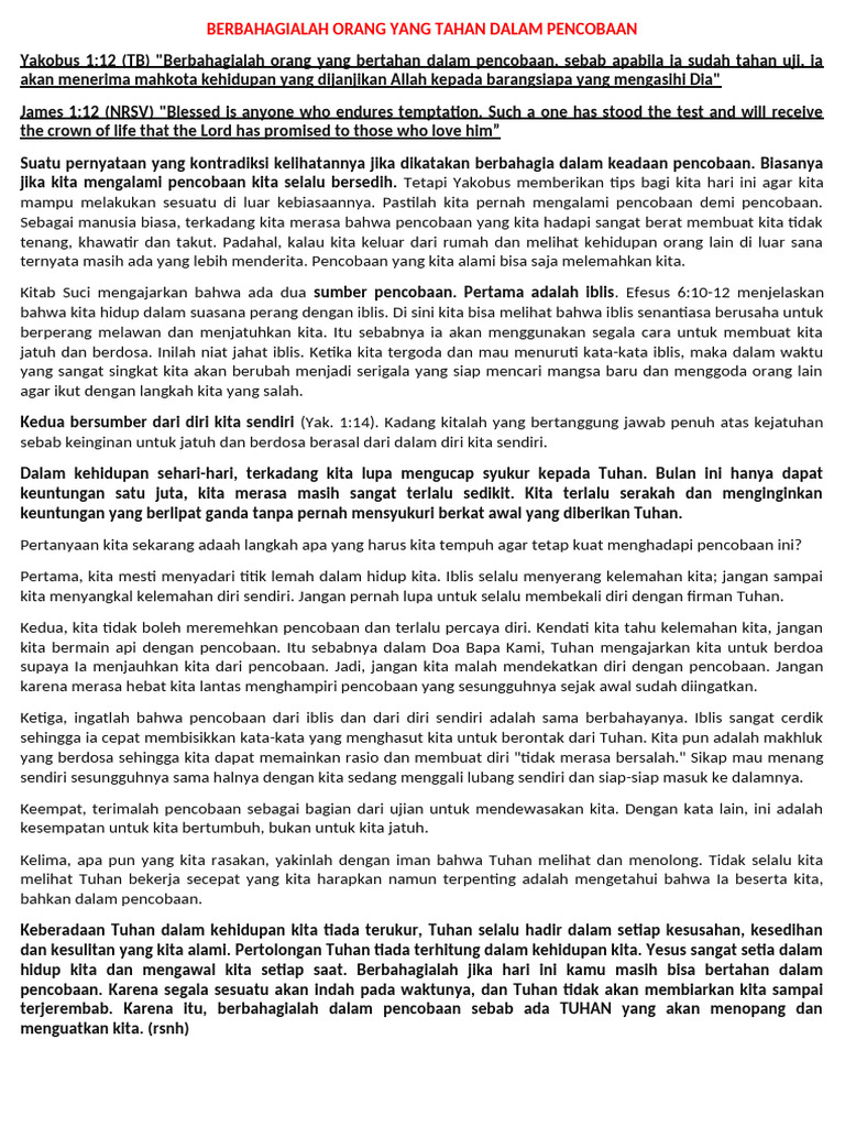 Berbahagialah Orang Yang Tahan Dalam Pencobaan | PDF