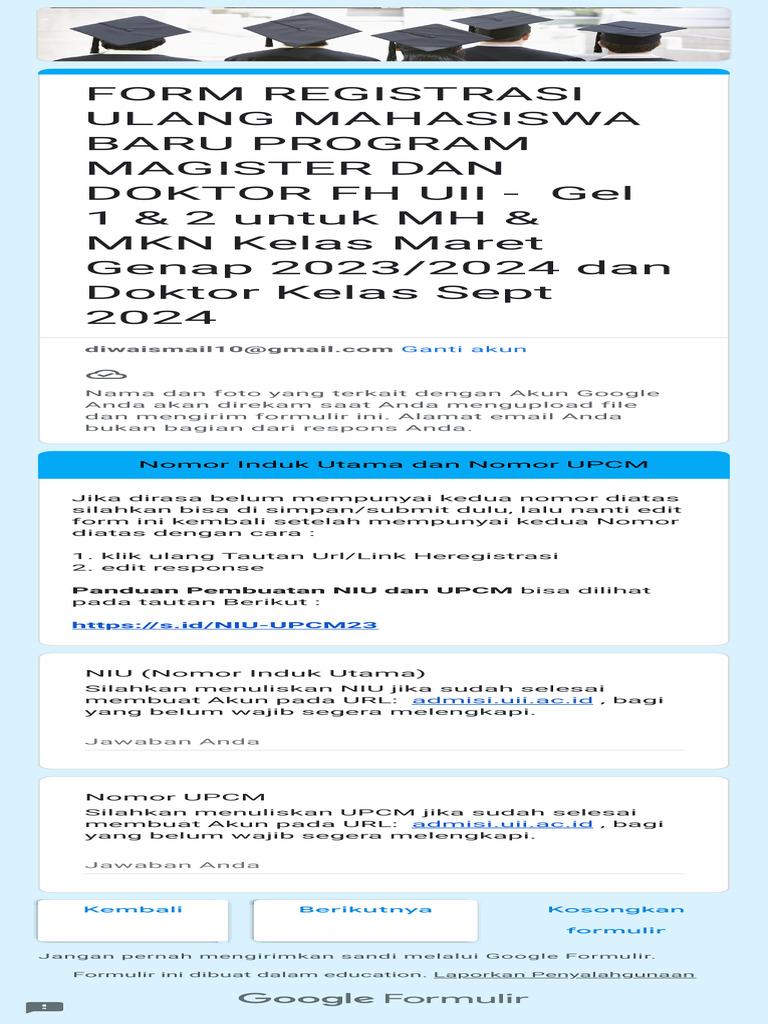 Form Registrasi Ulang Mahasiswa Baru Program Magister Dan Doktor FH Uii - Gel 1 & 2 Untuk MH ...