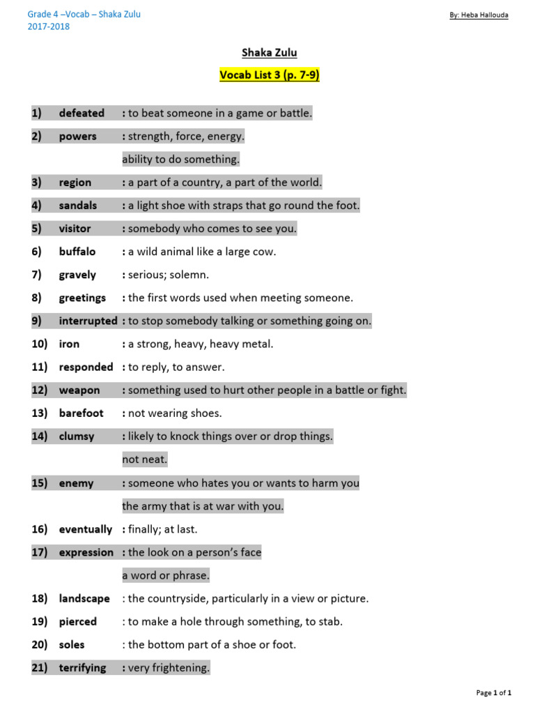 1718 Grade 4 Shaka Zulu Vocab List 3 (p 7-9) | PDF