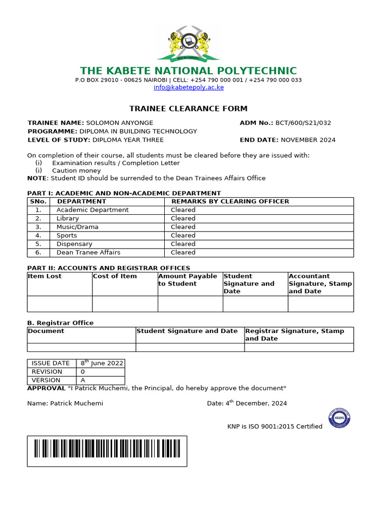 Trainee Clearance Form | PDF